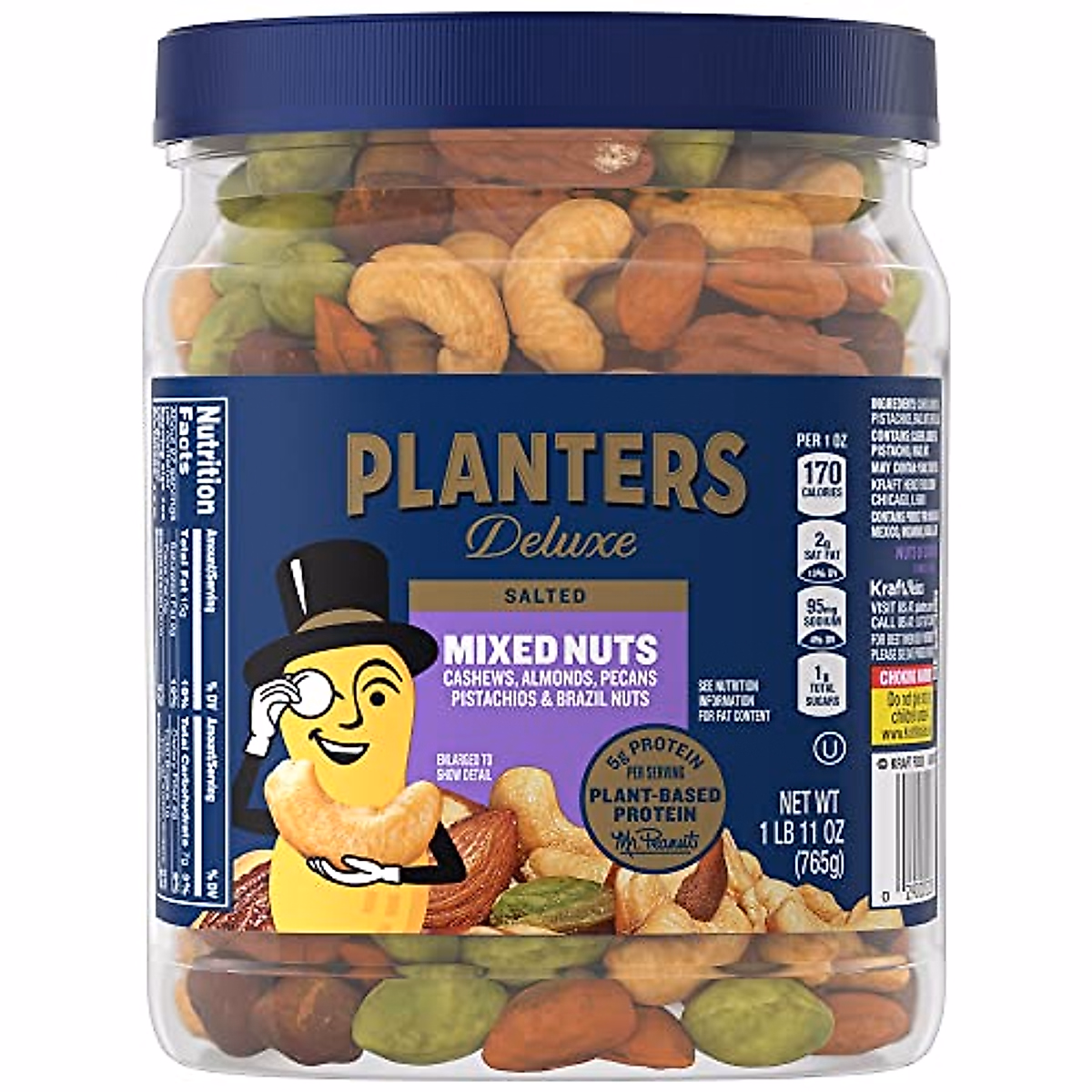 PLANTERS Deluxe Mixed Nuts with Sea Salt, 27 oz. Resealable Container - Variety Mixed Nuts Snacks with Cashews, Almonds, Pecans, Pistachios & Hazelnuts - Energy Boost - Kosher