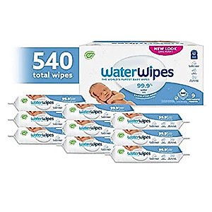 WaterWipes Plastic-Free Original Baby Wipes, 99.9% Water Based Wipes, Unscented & Hypoallergenic for Sensitive Skin, 540 Count (9 packs), Packaging May Vary