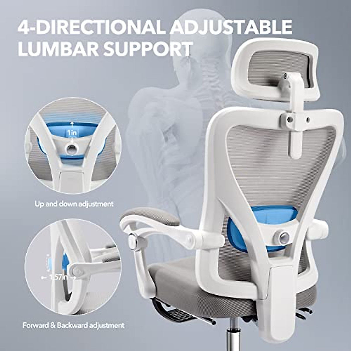 ACCHAR Ergonomic Office Chair, Reclining Mesh Chair, Computer Desk Chair, Swivel Rolling Home Task Chair with Padded Armrests, Adjustable Lumbar Support and Headrest (Grey with Footrest)