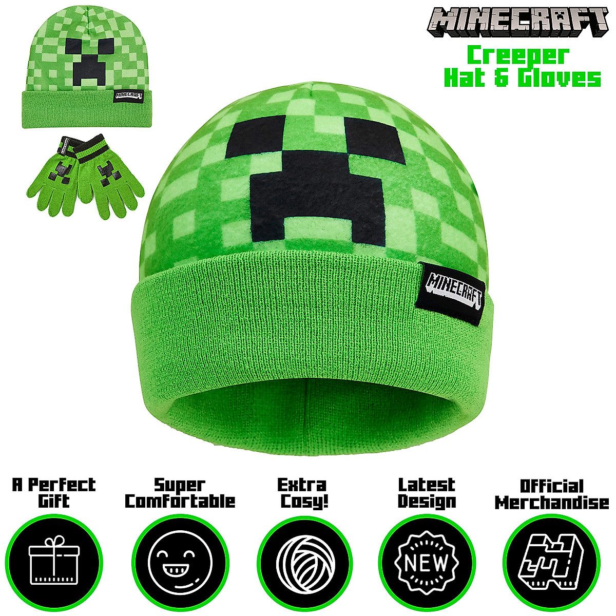 Minecraft Beanie Hat Fluffy Bucket Hat or Boys Hat and Glove Set for Kids Teens (Green Hat & Gloves, One Size)