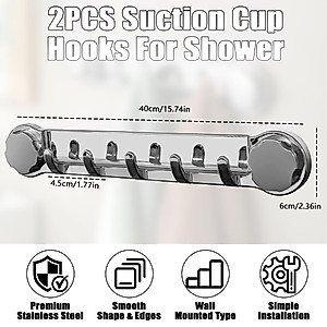 SEILETOO 2PCS Suction Cup Hooks for Shower, Waterproof No Drill Hook, Removable Reusable Stainless Steel Shower Hooks for Loofah, Kitchen, Glass Door, Window, Mirror, Smooth Tile