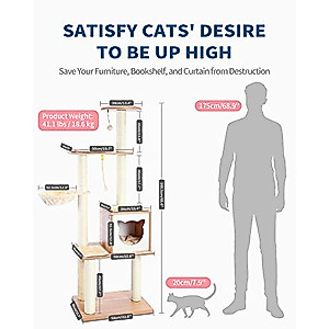 Made4Pets Cat Tree Cat Tower for Indoor Cats 65.6 Inches Modern Wood Cat Condo with Scratching Post for Large Cats Climbing, Multi-Level Tall Cat Tower Tree House with Hammock for Kitten Play and Rest