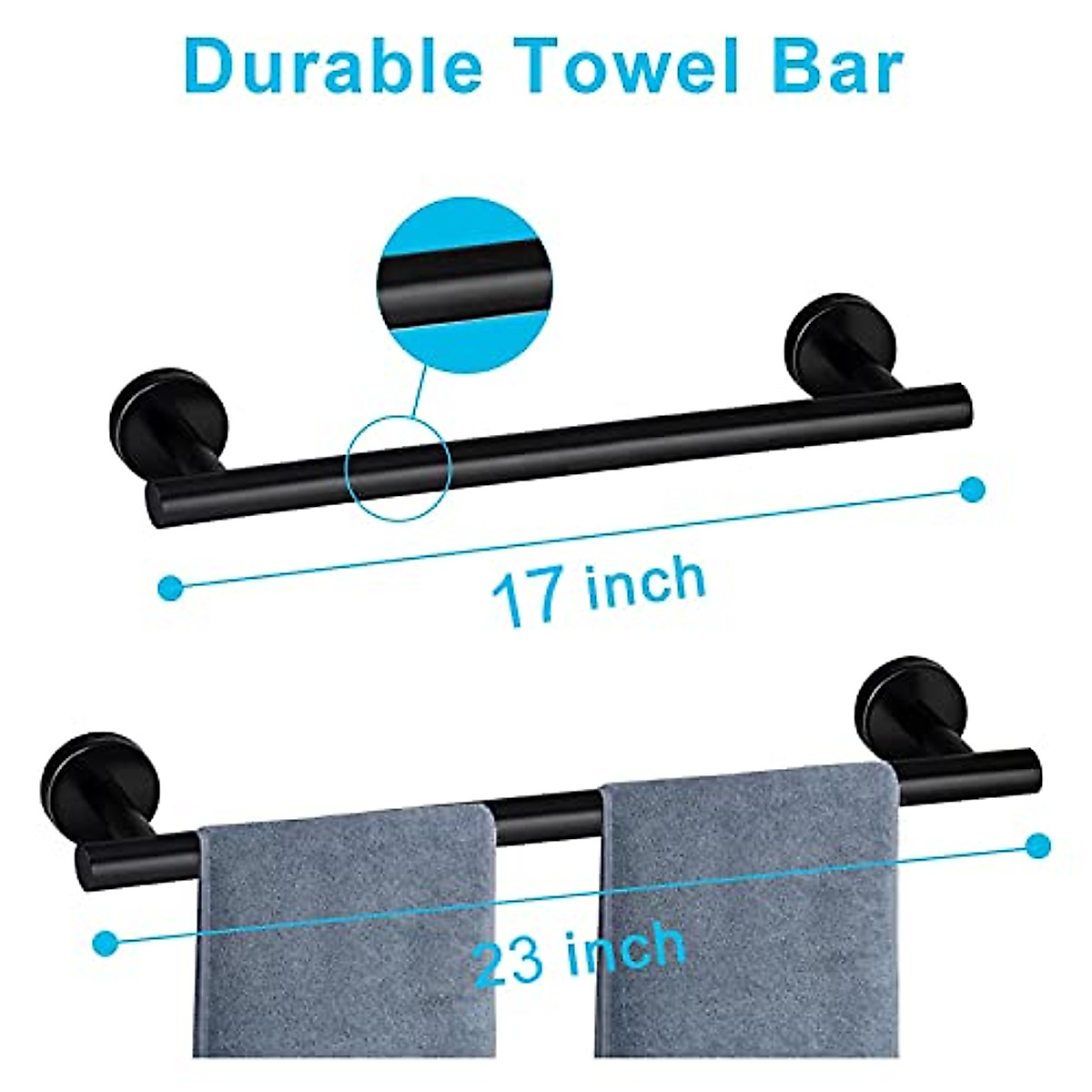 Bathroom Hardware Set, 6-Piece Matte Black Bath Accessories Set Wall Mount Includes 17/23" Towel Bar,Toilet Paper Holder,Towel Ring, 2 Hooks SUS304 Stainless Steel,Heavy Duty