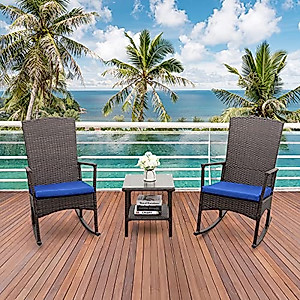 Outdoor PE Wicker Rocking Chair 3-Piece Patio Rattan Bistro Set 2 Rocker Armchair and Glass Coffee Side Table Furniture, Washable Lacing Cushion (Royal Blue)