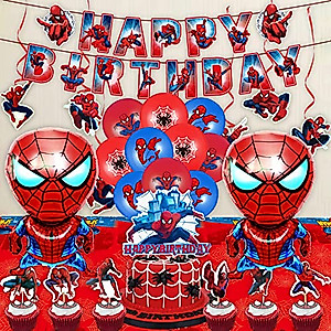 53 Pcs Spidey-men Birthday Decorations Party Supplies Include Happy Birthday Banners, Tablecloths, Cake Toppers ,Cupcake Toppers, Balloons, Hanging Swirls Superhero Birthday Party Supplies