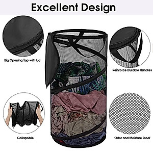 BATTOO Large Collapsible Laundry Basket with Lid Foldable Mesh Pop Up Hamper with Handles for Laundry Room, Bathroom, Kids Room, College Dorm, Travel, Storage Organizer Black