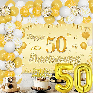 50th Golden Wedding Anniversary Decorations - Happy 50th Anniversary Gold and White Balloon Arch Kit with Backdrop, Cake Topper, Foil Balloons for Cheers to 50th Anniversary Party Supplies