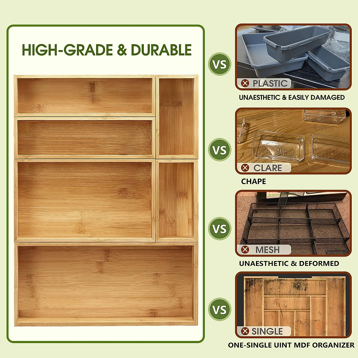 MaxGear Bamboo Kitchen Drawer Organizer, 18x15x2 Inches with 6 Adjustable Compartments, Utensils Cutlery and Flatware Storage for Silverware and Kitchen Accessories