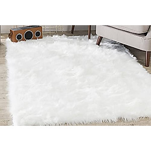 Silky Soft Faux Fur Rug, 5 ft. x 7 ft. White Fluffy Rug, Made in France, Sheepskin Area Rug, Rectangle Rug for Living Room, Bedroom, Kid's Room, or Nursery, Home Décor Accent with Non-Slip Backing