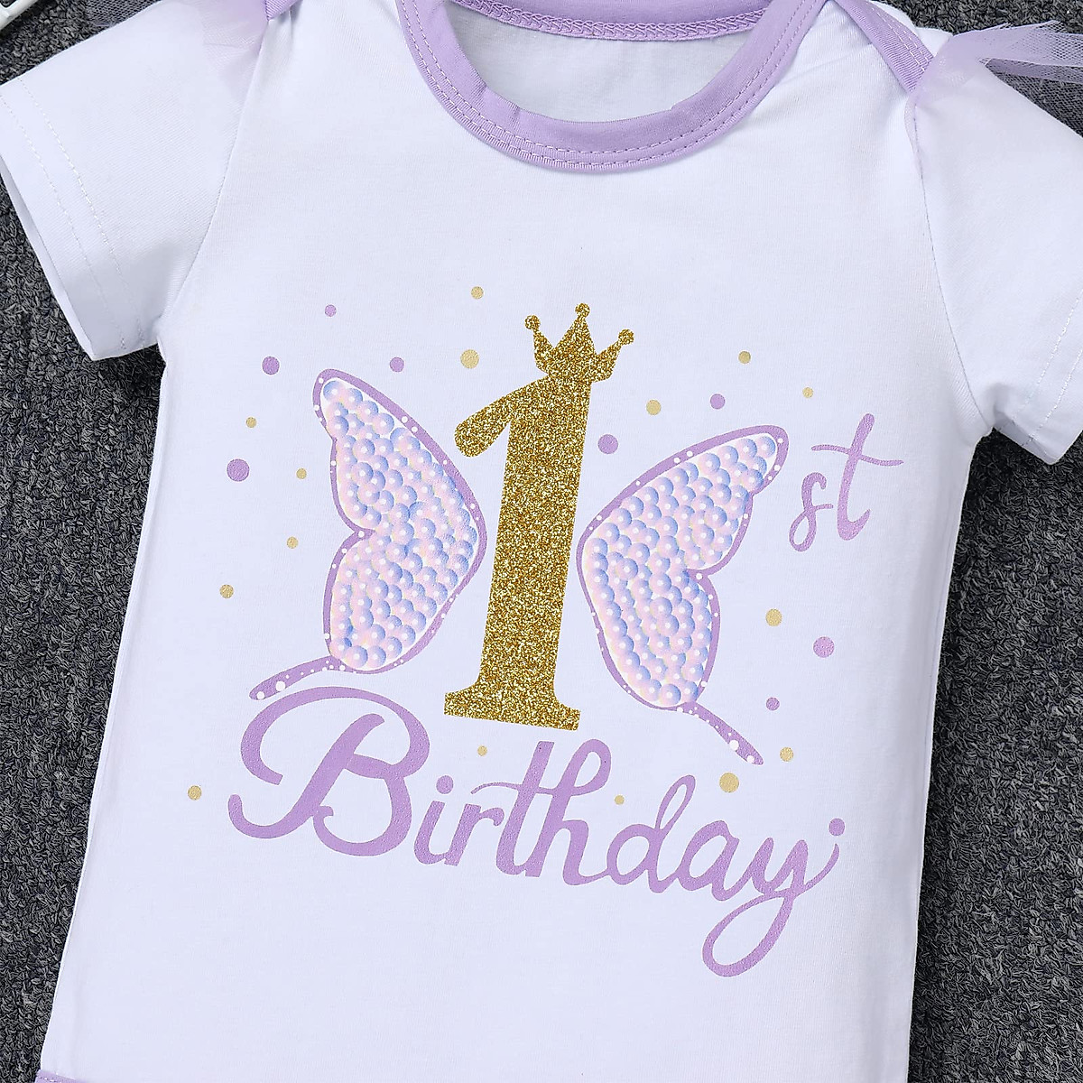 Butterfly 1st Birthday Outfit for Baby Girl Butterfly Romper + Sequins Butterfly Tutu Skirt + Headband 3PCS Clothes Set for Butterfly Party Baby Shower Cake Smash Photo Shoot Purple Butterfly 1 Year