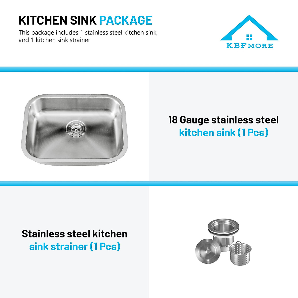 KBFmore 23 Inch Single Bowl ADA Compliant Stainless Steel Kitchen Sink, Rust Resistant Sound and Heatproof Shallow Drain 18 Gauge Undermount Sink with Sink Strainer and Removable Garbage Basket