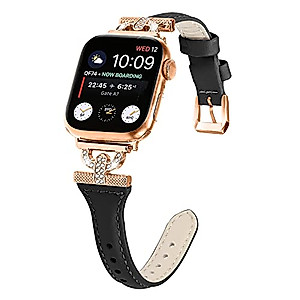 OCEBEEC Leather Band Compatible with Apple Watch Band 38mm 40mm 41mm 42mm 44mm 45mm 49mm(Ultra), Stylish Slim Leather Bands with D-Shape Diamonds for iWatch Bands Series 8 SE 7 6 5 4 3 2 1 Women