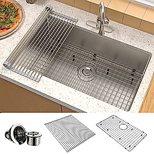 SR SUN RISE 30 Inch Kitchen Sink, Undermount Single Bowl Kitchen Sink, 16 Gague 304 Stainless Steel Sink with Roll Up Dish Drying Drainer & Strainer & Bottom Grid, 30"×18"×10"