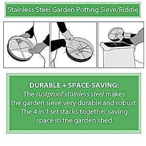 Practicool Garden Potting Mesh Sieve - Sifting Pan - Stainless Steel Riddle - Mix Soil Filter - with 4 Interchangeable Mesh Sizes - 3, 6 , 9, 12mm