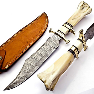HandSmith™ 15" Handmade Damascus Steel Hunting Knife, Hand Forged Damascus Steel Fixed Blade Bowie Knife, Genuine Leather Sheath, Camel Bone Handle Firm Grip (White)