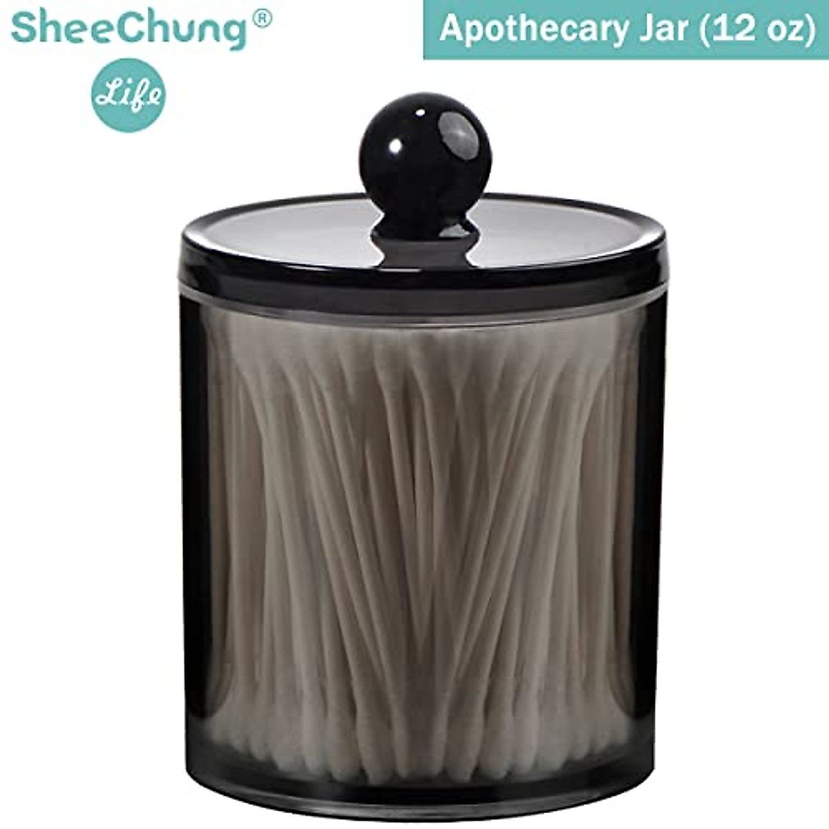 6 Pack of 12 Oz. Qtip Dispenser Apothecary Jars Bathroom with Labels - Qtip Holder Storage Canister Clear Plastic Acrylic Jar for Cotton Ball,Cotton Swab,Cotton Rounds,Floss Picks, Hair Clips (Black)