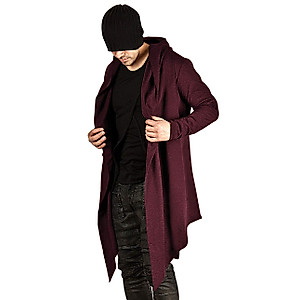 Poriff Mens Sleeveless Hooded Cardigan Asymmetrical Long Sweater Hooded Wine Red M