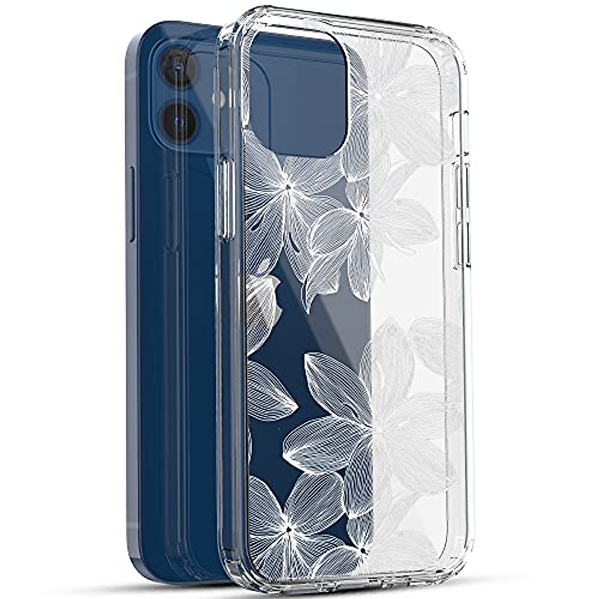 RANZ iPhone 12 Case, iPhone 12 Pro Case, Anti-Scratch Shockproof Series Clear Acrylic + TPU Bumper Protective Case for iPhone 12 / iPhone 12 Pro (6.1 inch) [2020 Released] - White Flower
