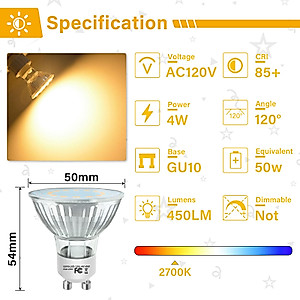 GU10 LED Light Bulbs, 50 Watt Halogen Equivalent, Warm White 2700K, 4W LED Bulbs for Track&Recessed Lighting, 120°Flood Beam Lighting for Kitchen, Range Hood, Living Room, Bedroom, 6 Pack