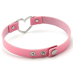 Eigso Vintage Retro Steampunk Collar Choker for Women and Men with Love Heart Metal PU Necklace Cool Adjustable (Pink)