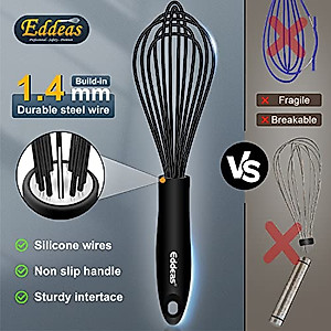 Silicone Whisk, Eddeas Stainless Steel & Silicone Non-Stick Coated Whisks set of 3--Heat Resistant Kitchen Whisks, Balloon Egg Beater Perfect for Blending, Whisking, Beating & Stirring, Black