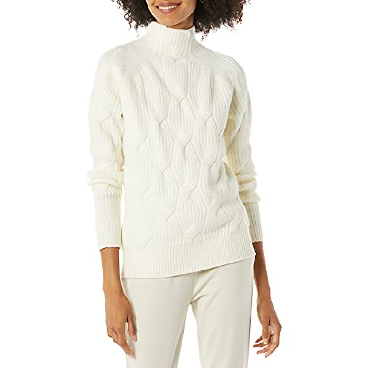 Amazon Essentials Women's Soft Touch Funnel Neck Cable Sweater, Ivory, Large