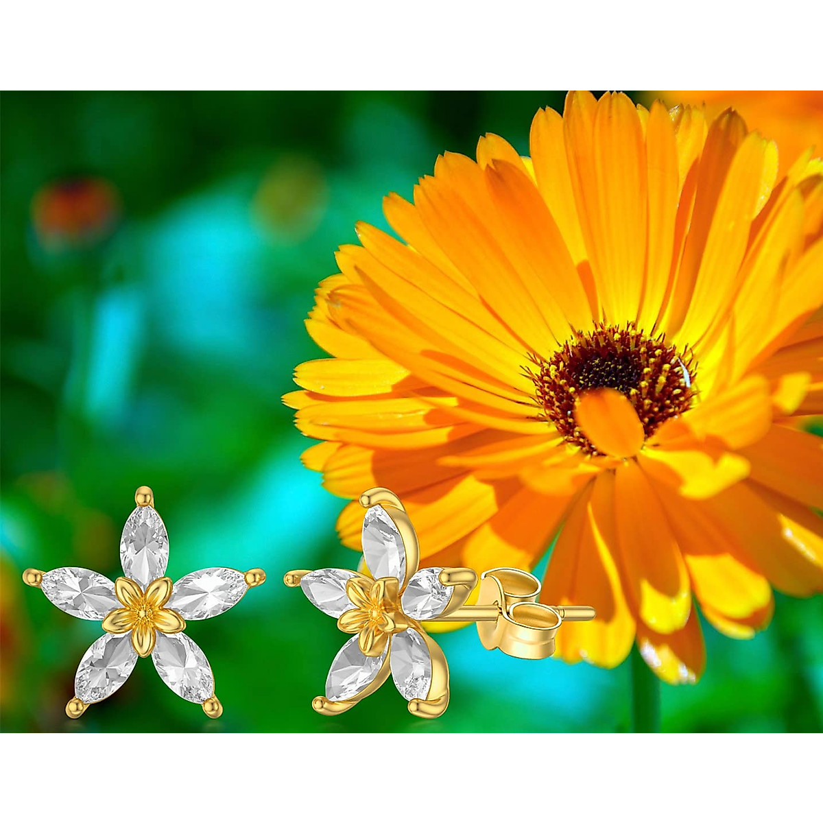 14K Real Solid Gold Crystal Flower Stud Earrings for Women Gifts for Her Screw Back Floral Sutd Earrings 8.5mm