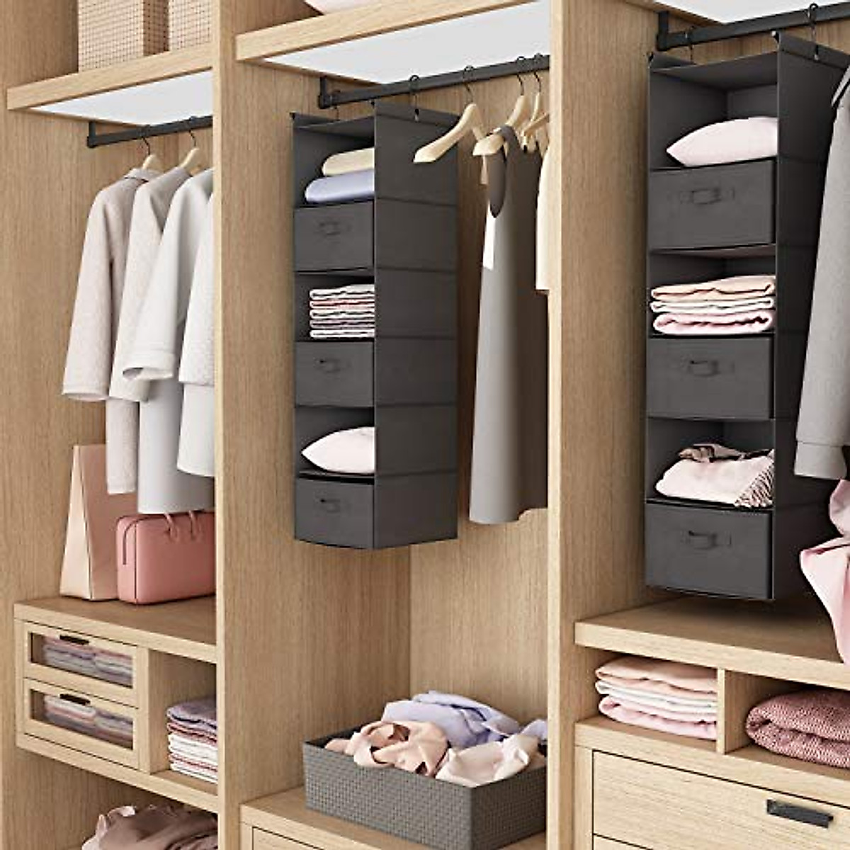 MAX Houser 6 Tier Shelf Hanging Closet Organizer, Closet Hanging Shelf with 2 Sturdy Hooks for Storage, Foldable,Black and Grey-D3