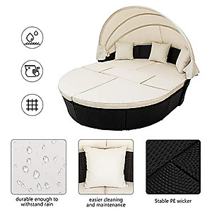 Merax Outdoor Patio Round Daybed Furniture with Retractable Canopy and Coffee Table, Wicker Rattan Sofa Set Waterproof Cushions Backyard Lawn Garden Pool Porch (Beige+Black, 6 Piece)