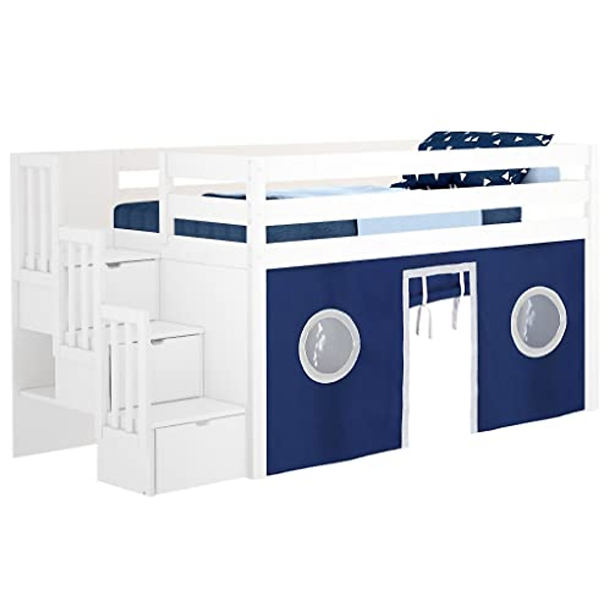 JACKPOT! Contemporary Low Loft Bed with Stairway, Twin, White with Blue & White Tent