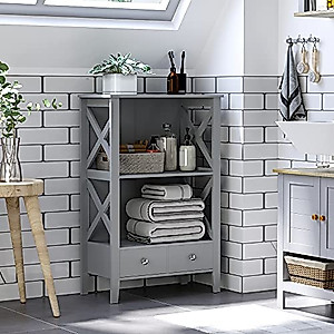 kleankin X- Frame Freestanding Floor Bathroom Storage with Two Drawers, Storage Organizer, Cabinet with 3 Shelves, Grey