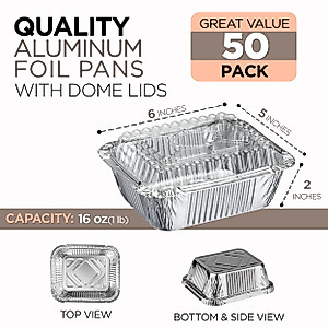 Fit Meal Prep 50 Pack 1 lb Aluminum Foil Pans with Clear Lids, 6 x 5 x 2 Disposable Aluminum Food Take Out Containers, Heavy Duty Aluminum Baking Pan for Catering, Packaging Freezer Oven Safe