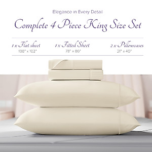 Carressa Linen Luxury Egyptian Cotton 4 PC King Size Sheet Set - 600 Thread Count Deep Pocket Fitted and Flat Sheets, Soft, Cooling Extra Long Staple Hotel-Quality Bedding with Sateen Weave - Ivory