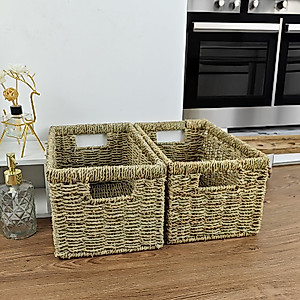 Storage Basket, Seagrass Storage Baskets, Home Hand-Woven with Built-In Handle, Rectangular Seagrass Basket 13.25x8.3x7 Inches（2PCS)