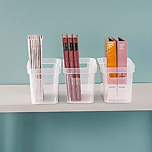 Sterilite 6.25x6.25x15 Inch Narrow Modern Storage Bin with Comfortable Carry Through Handles and Banded Rim for Household Organization, Clear (8 Pack)