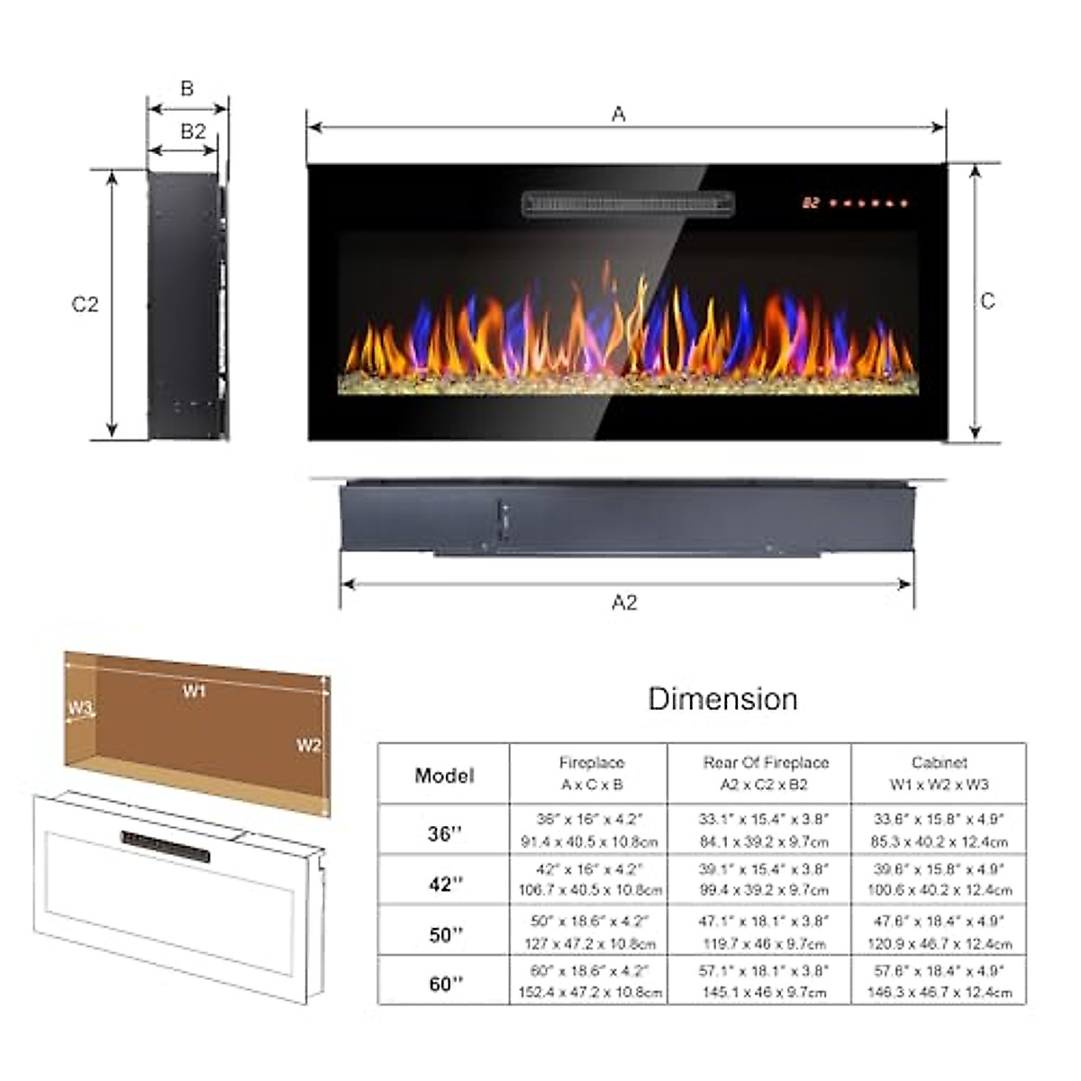 50 Inch Smart Linear Electric Fireplace - Recessed in-Wall and Wall-Mount Heating Device, Multiple Flame Colors, Space-Saving Heater with Remote Control(50'')