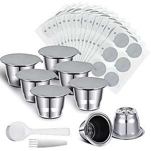 Didaey Reusable Espresso Capsules Stainless Steel Refillable Coffee Pods Reusable Espresso Pods with Aluminum Foil Seals Stickers Lids Compatible with Nespresso Machines (6 Cups, 204 Lids)