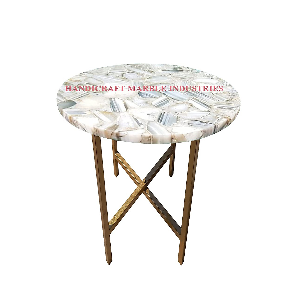 Natural Grey White Brown Agate Round 24" x 24" Inch Round Coffee Table with Metal Base, Stone Coffee Table, Round Agate Coffee Table Top with Metal Stand, Piece Of Conversation, Family Heir Loom