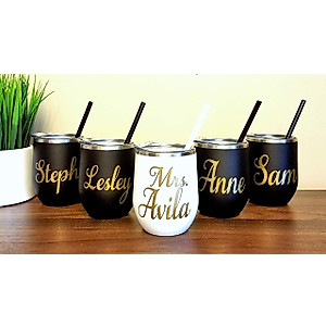 Personalized Stemless Wine Cup Tumbler Stainless Steel, Girls Trip Gift, Wedding Party Gifts, Bridesmaid Gift, Travel Wine Cup with Lid, Bachelorette Cups, Personalized Wine Glasses, Vinyl Decal