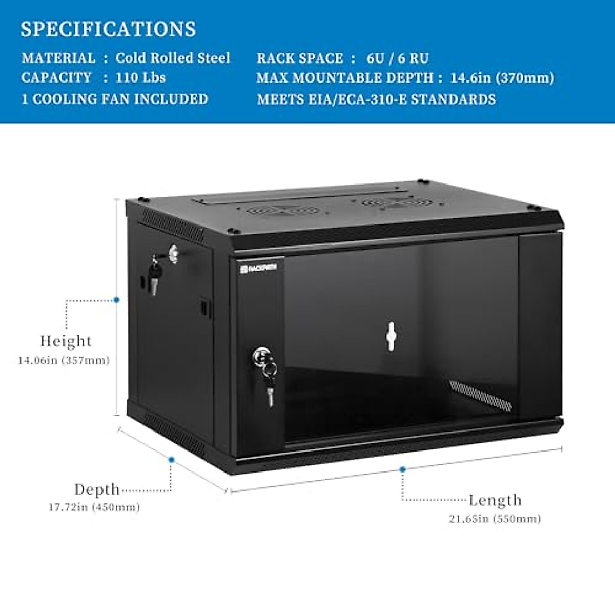 RackPath 6U Performance Wall Mount Server Cabinet Network Rack Enclosure, Quiet Cooling Fan, Locking Glass Door, Black