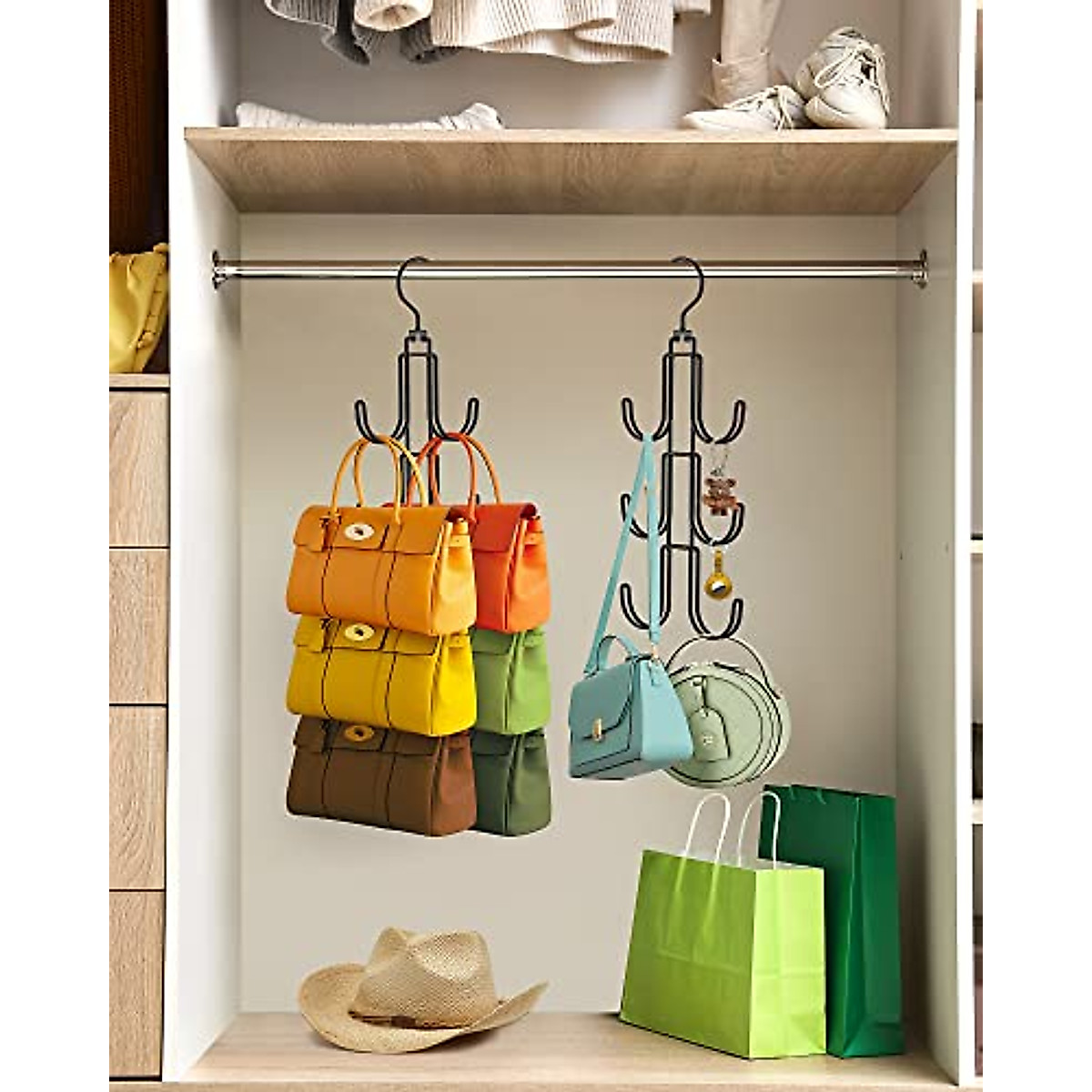 Purses Hanger Organizer for Closet 2 Pack, Myfolrena Metal Purse Holder for Closet Space Saving Bag Storage Hook for Hanging Handbags, Belts,Scarves,Tote,Hats,Clothes,Bags,Ties (Black)