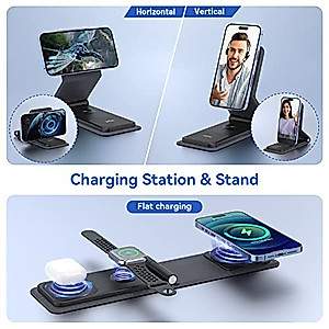 Hasbagan 3 in 1 Charging Station, Magnetic Foldable Charger, Travel Charging pad for iPhone 14 13 12 Pro Max & Apple Watch - Charging Stand Dock for AirPods (Black)