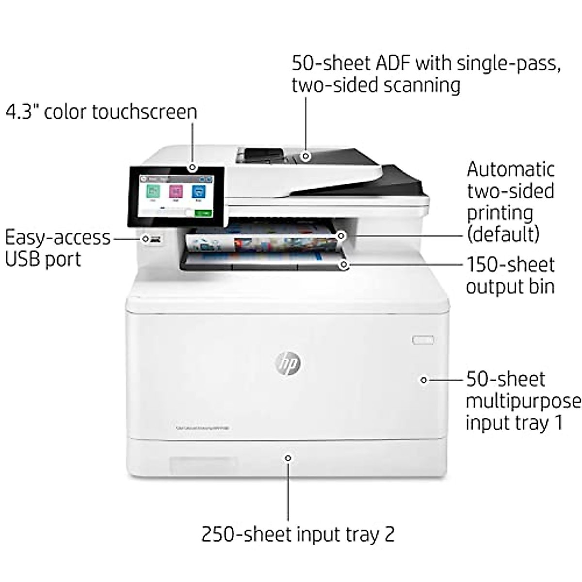 HP Laserjet Enterprise MFP M480f All-in-One Wired Color Laser Printer, White - Print Scan Copy Fax - 4.3" Touchscreen, 29 ppm, Auto Duplex Printing, 50-Sheet ADF, Ethernet, Cbmou External Webcam