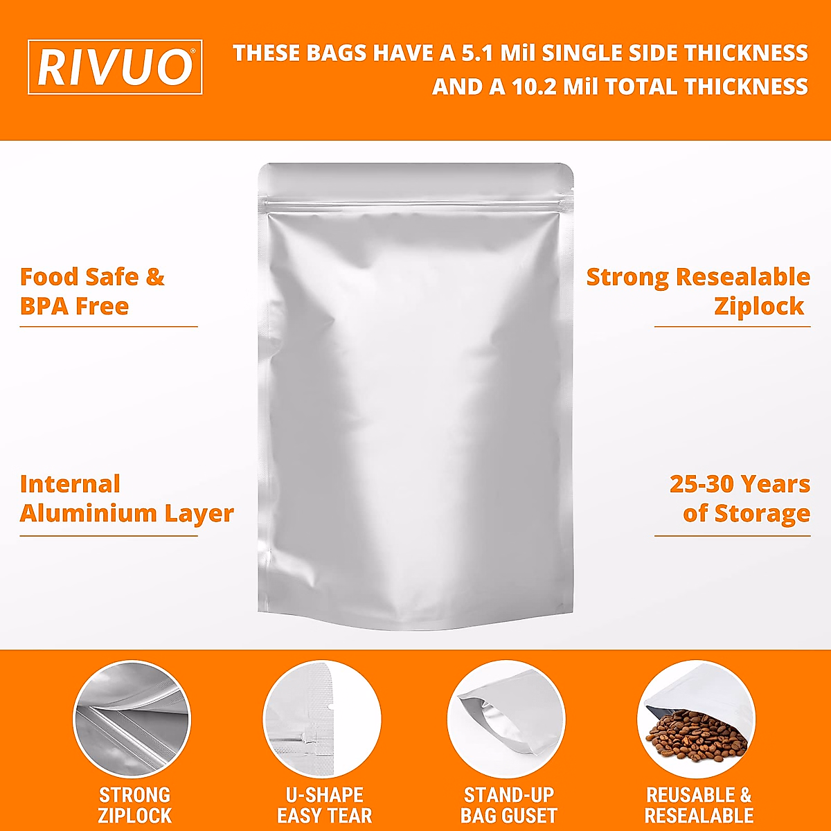 RIVUO 100 Mylar Bags For Food Storage With Oxygen Absorbers 300cc and Labels - 10.2 Mil Total/5.1 Mil Single Side Thickness - 10"x14", 6"x9", 4"x6"- 100 Oxygen Absorbers 300cc (10 Packs of 10)
