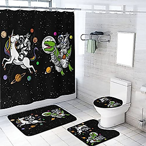 Outer Space Shower Curtain with 12 Hooks,Non-Slip Rug Toilet Lid Cover Bath Mat 4 Piece Sets Bathroom Set Space Art Astronaut Riding A Unicorn and Dinosaur and Planet Home Bathroom Decor, 72X72 Inch