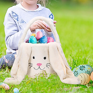 E-FirstFeeling Plush Easter Bunny Basket Easter Basket for Kids Easter Egg Hunt Basket with Ears Bunny Bucket Tote for Easter Eggs Candy (Plush-White)