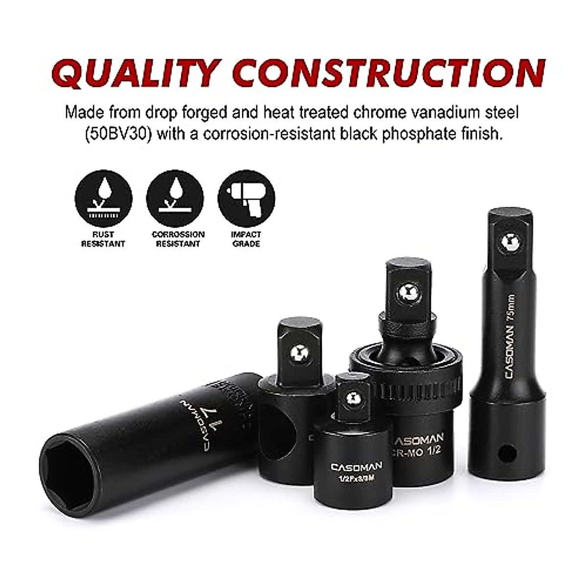 CASOMAN 1/2" Drive Master Impact Socket Set, 36 Piece Deep, Standard SAE (3/8" To 1-1/4") & Metric (10-32 mm) Sizes, Includes Extension Bar (3, 5, 10-inch), Adapters & Ratchet Handle, CR-V Steel