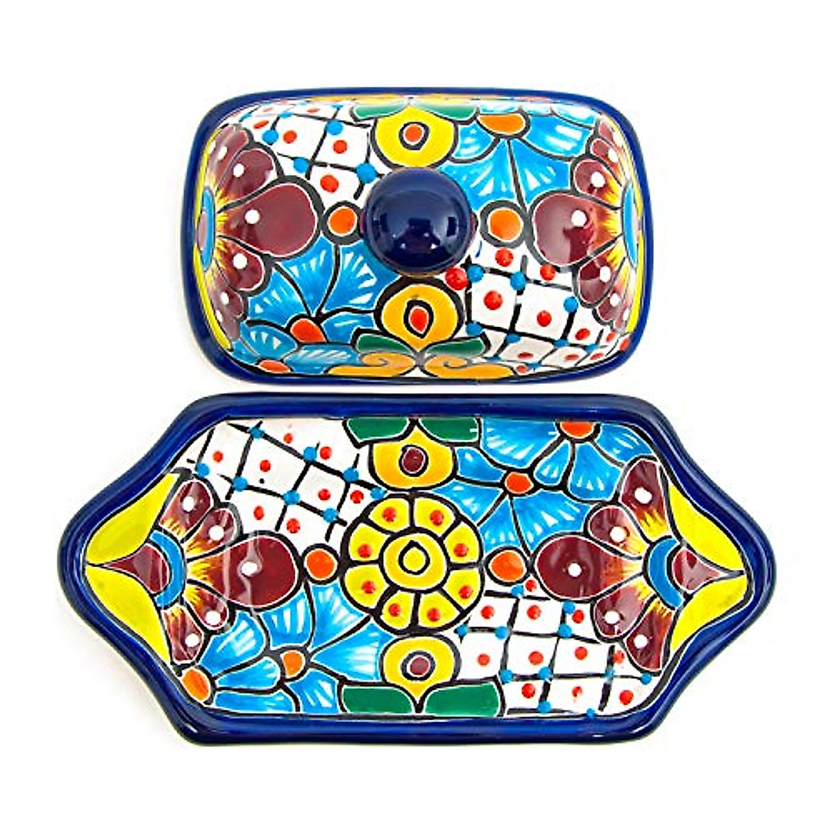 Enchanted Talavera Pottery Hand Painted Ceramic Butter Dish Kitchen Butter Holder Spanish Hand Painted Floral Design (Cobalt Blue Multi)