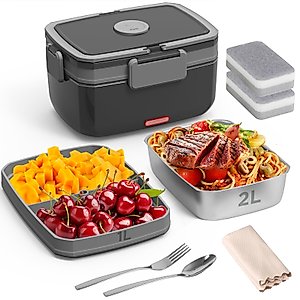 Geveniss Electric Lunch Box Food Heater with 2L Stainless Steel & 1L PP Fruit Container Bento Box, 90W (12V/24V/110V) Fast Heating Food Warmer for Car/Truck/Office Use, Ideal for Men, Women, Adults