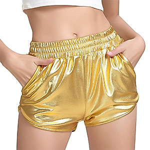 MAKARTHY Women's Metallic Shorts Elastic Waist Shiny Sparkly Rave Pants (Gold, Large)